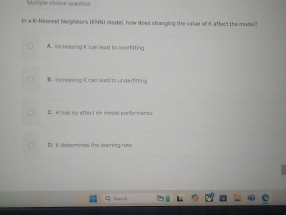 In a K-Nearest Neighbors (KNN) model, how | StudyX