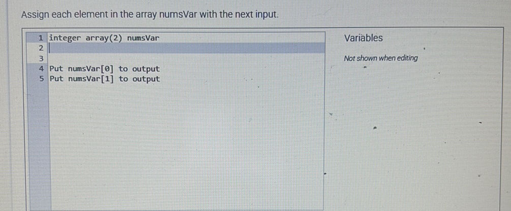 Assign each element in the array numsVar | StudyX