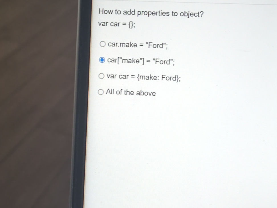 How to add properties to object? var car = | StudyX