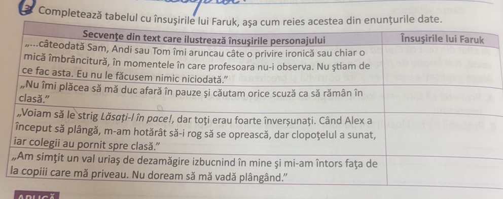 Completează tabelul cu însușirile lui Faruk, | StudyX