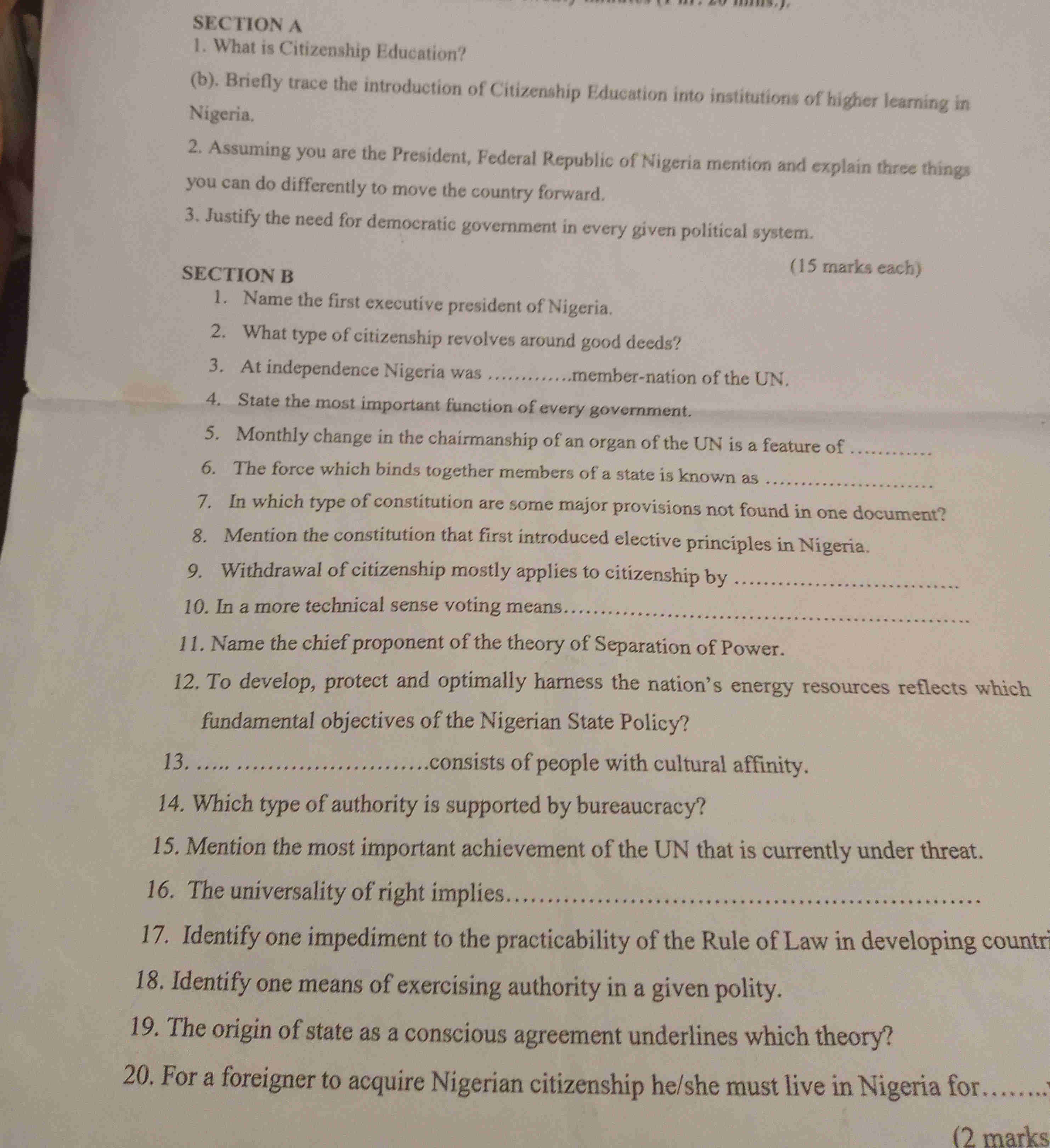 SECTION A 1. What is Citizenship Education? | StudyX