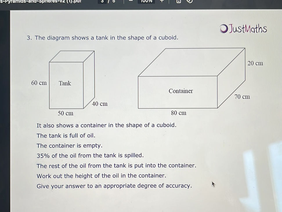 3. The diagram shows a tank in the shape of | StudyX