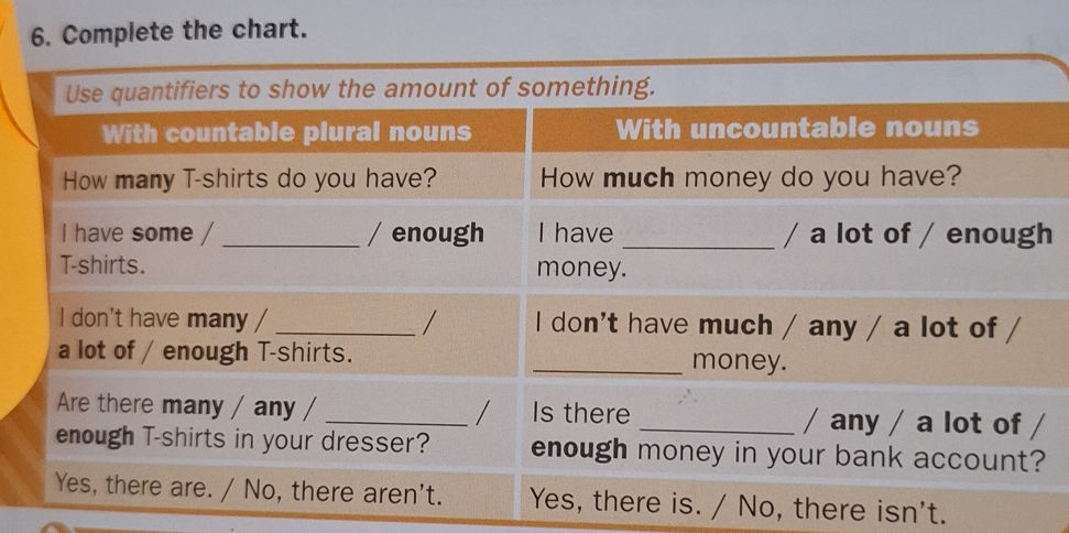 6. Complete the chart. Use quantifiers to | StudyX