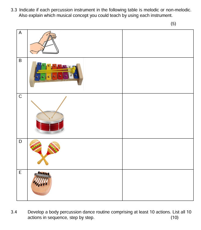 3.3 Indicate if each percussion instrument | StudyX