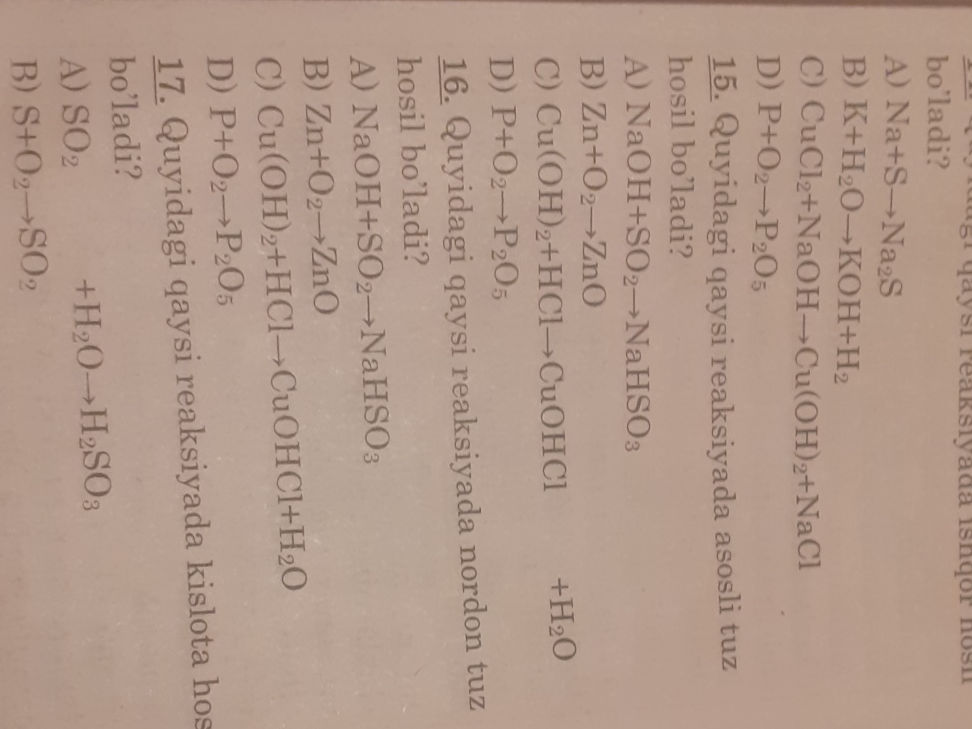 15. Quyidagi qaysi reaksiyada asosli tuz | StudyX