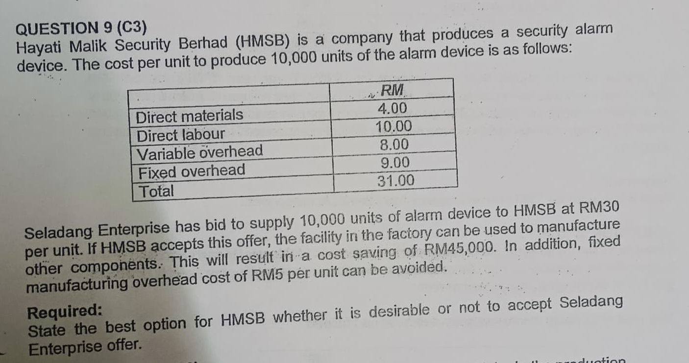 QUESTION 9 (C3) Hayati Malik Security Berhad | StudyX