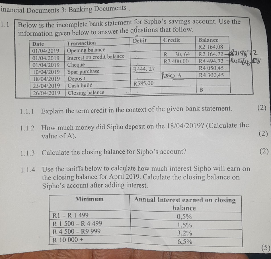 1.1 Below is the incomplete bank statement | StudyX