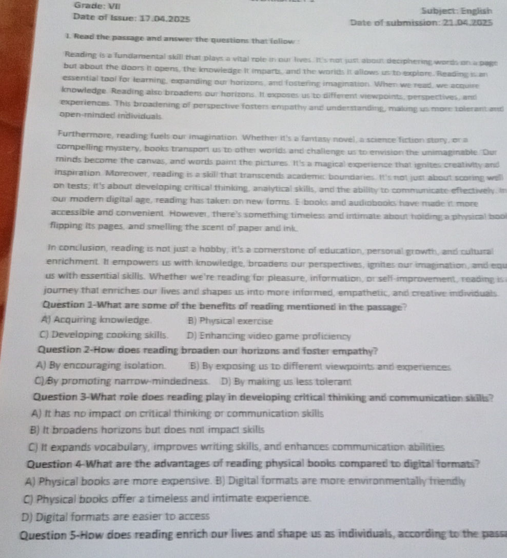 1. Read the passage and answer the questions | StudyX