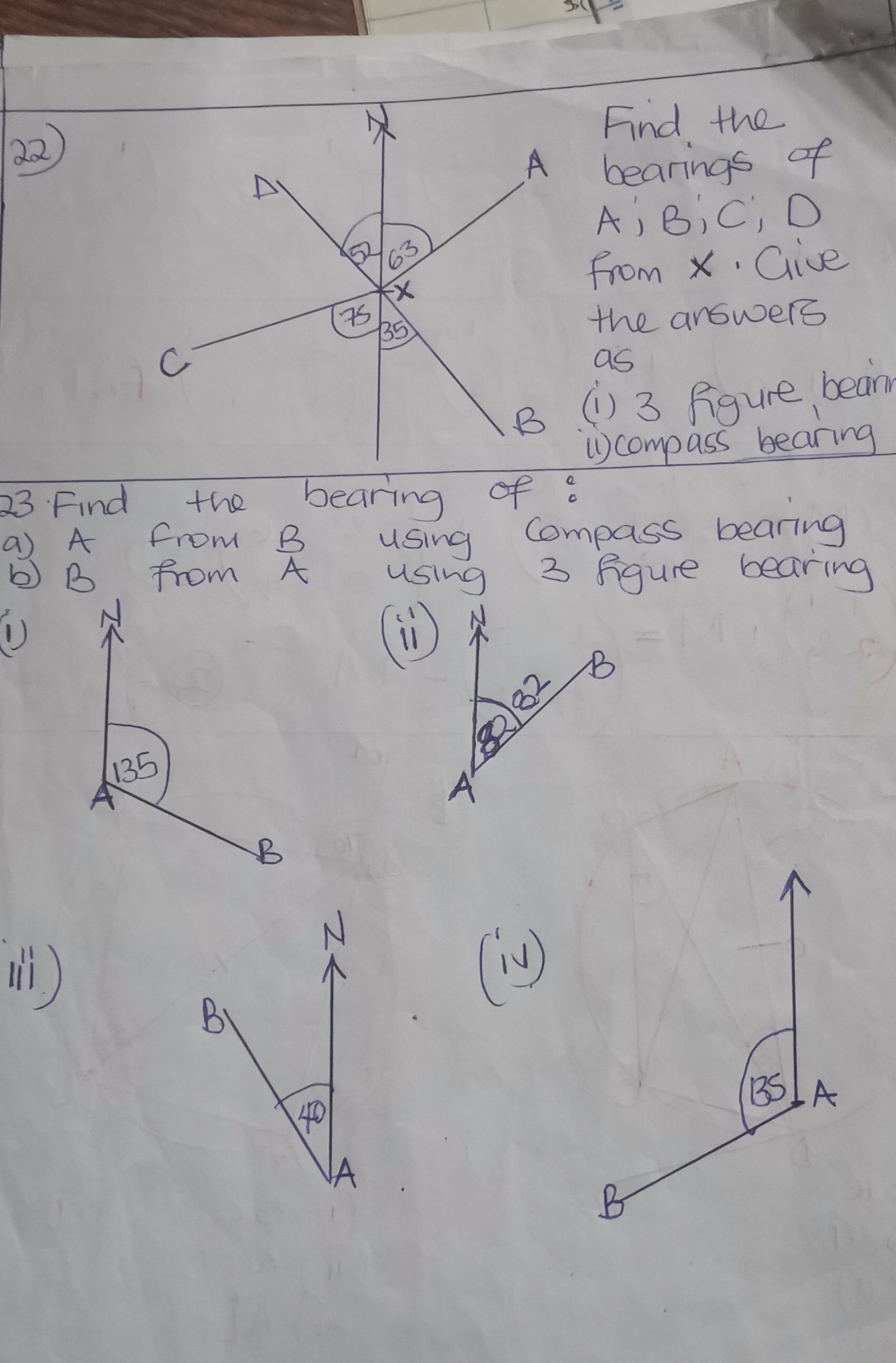 22) Find the bearings of A, B, C, D from X. | StudyX