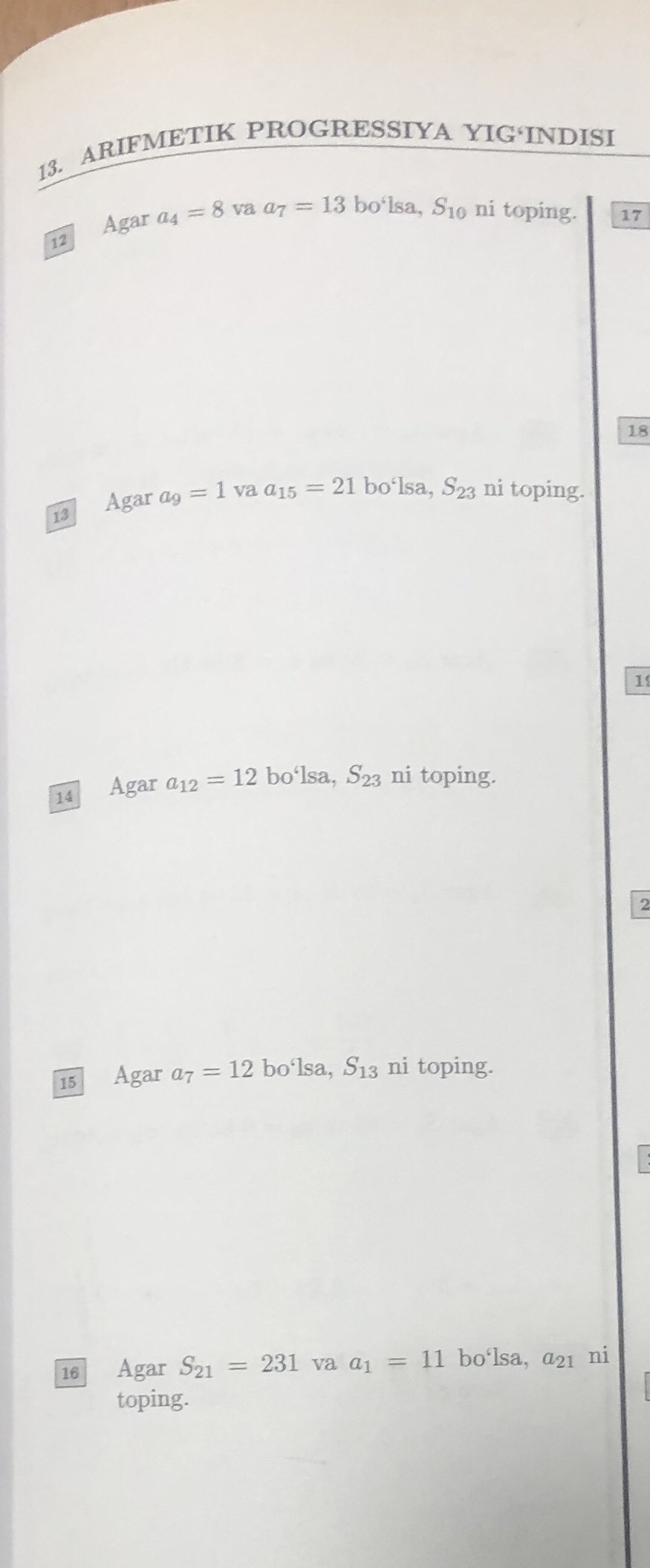 12. Agar $a_4 = 8$ va $a_7 = 13$ bo'lsa, | StudyX