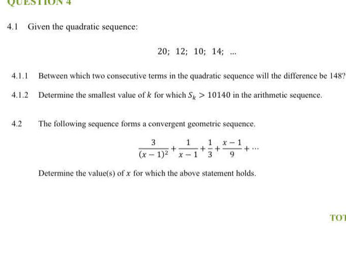 4.1 Given the quadratic sequence: 20; 12; | StudyX