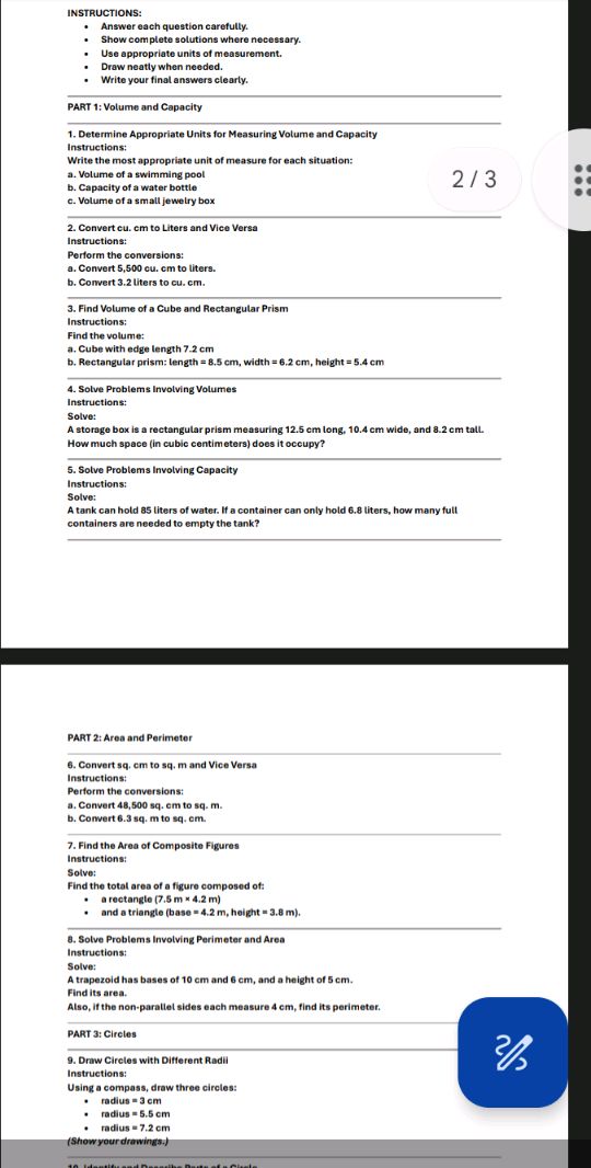 PART 1: Volume and Capacity 1. Determine | StudyX
