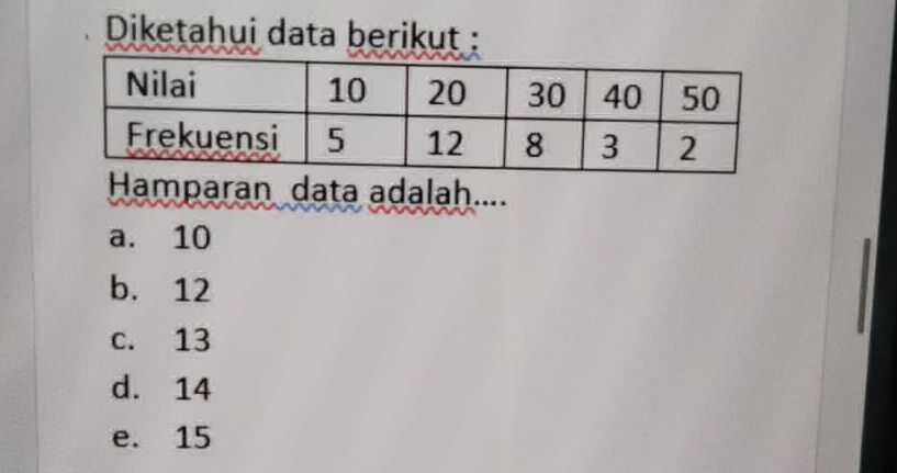 Diketahui data berikut: | Nilai | 10 | 20 | | StudyX