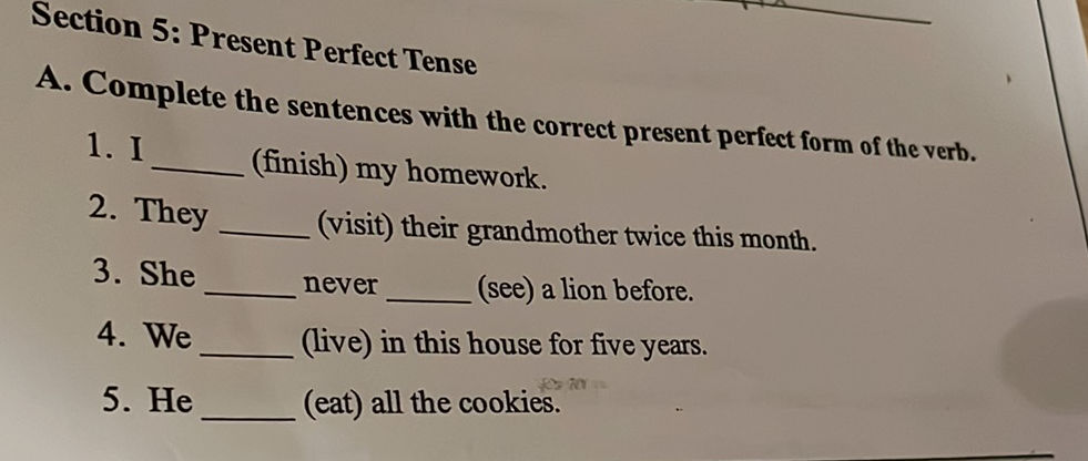 Section 5: Present Perfect Tense A. | StudyX