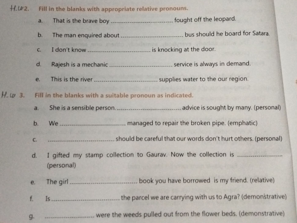 H.W 2. Fill in the blanks with appropriate | StudyX