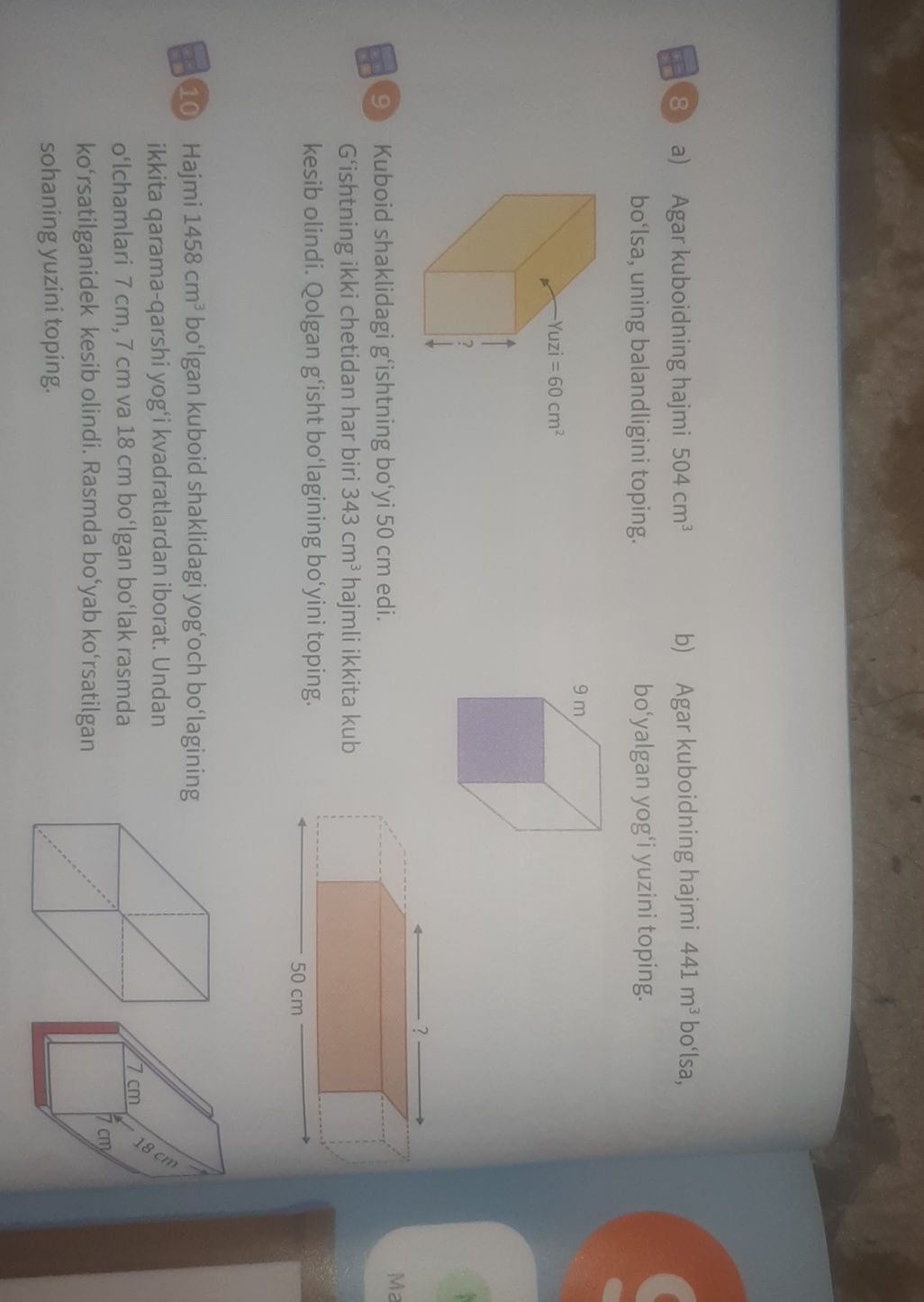 8 a) Agar kuboidning hajmi 504 cm³ bo'lsa, | StudyX