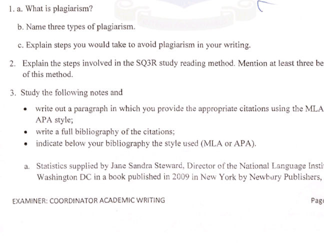 1. a. What is plagiarism? b. Name three | StudyX