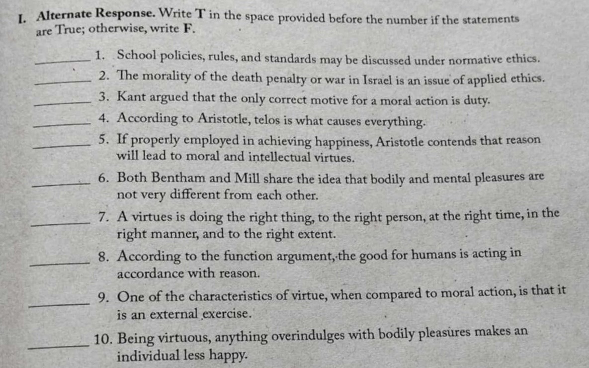 I. Alternate Response. Write T in the space | StudyX