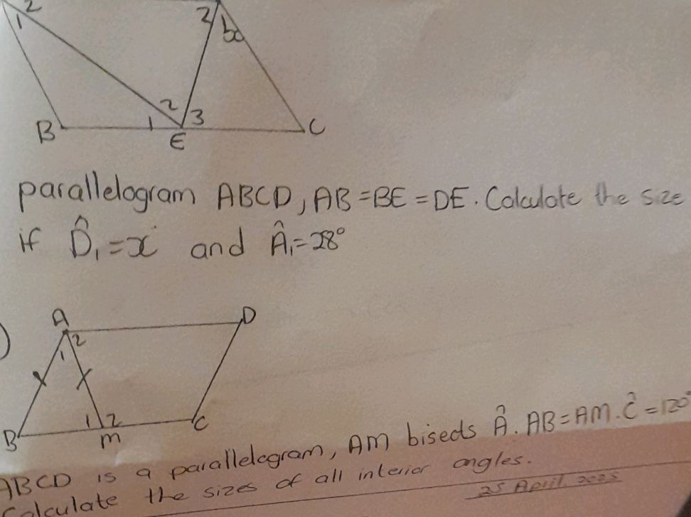 parallelogram ABCD, AB = BE = DE. Calculate | StudyX