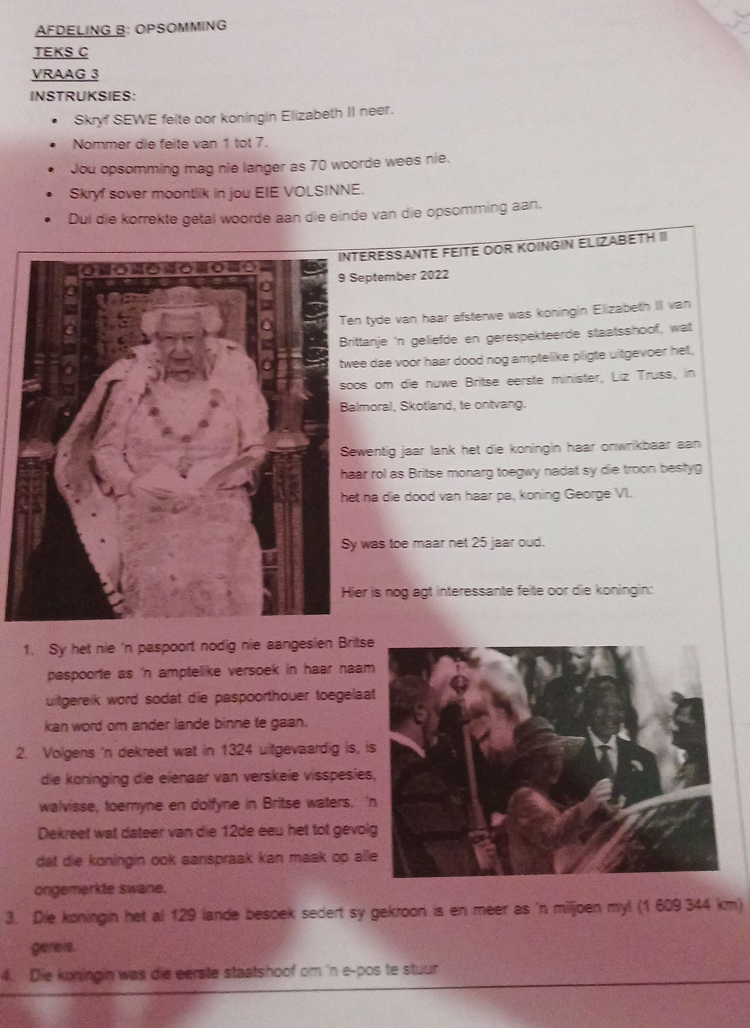 Skryf SEWE feite oor koningin Elizabeth II | StudyX