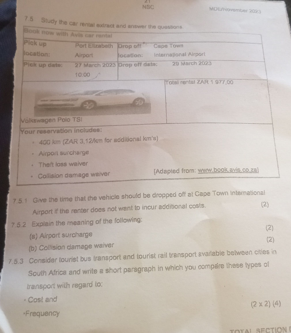7.5 Study the car rental extract and answer | StudyX