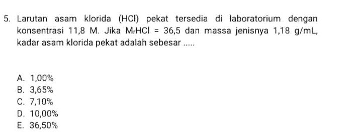 5. Larutan asam klorida (HCl) pekat tersedia | StudyX
