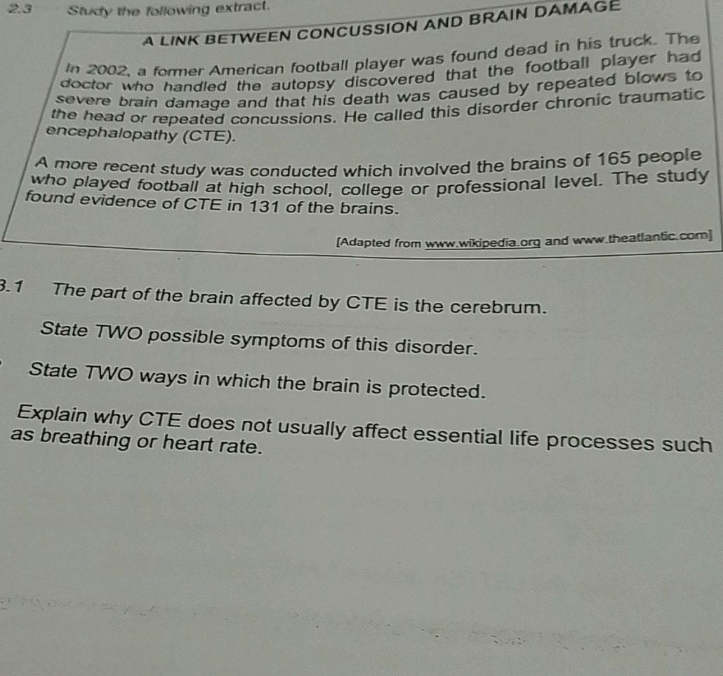 3.1 The part of the brain affected by CTE is | StudyX