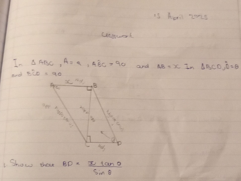 In $ ABC$, $A = a$, $ ABC = 90$ and $AB = | StudyX