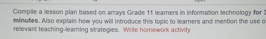 Compile a lesson plan based on arrays Grade | StudyX