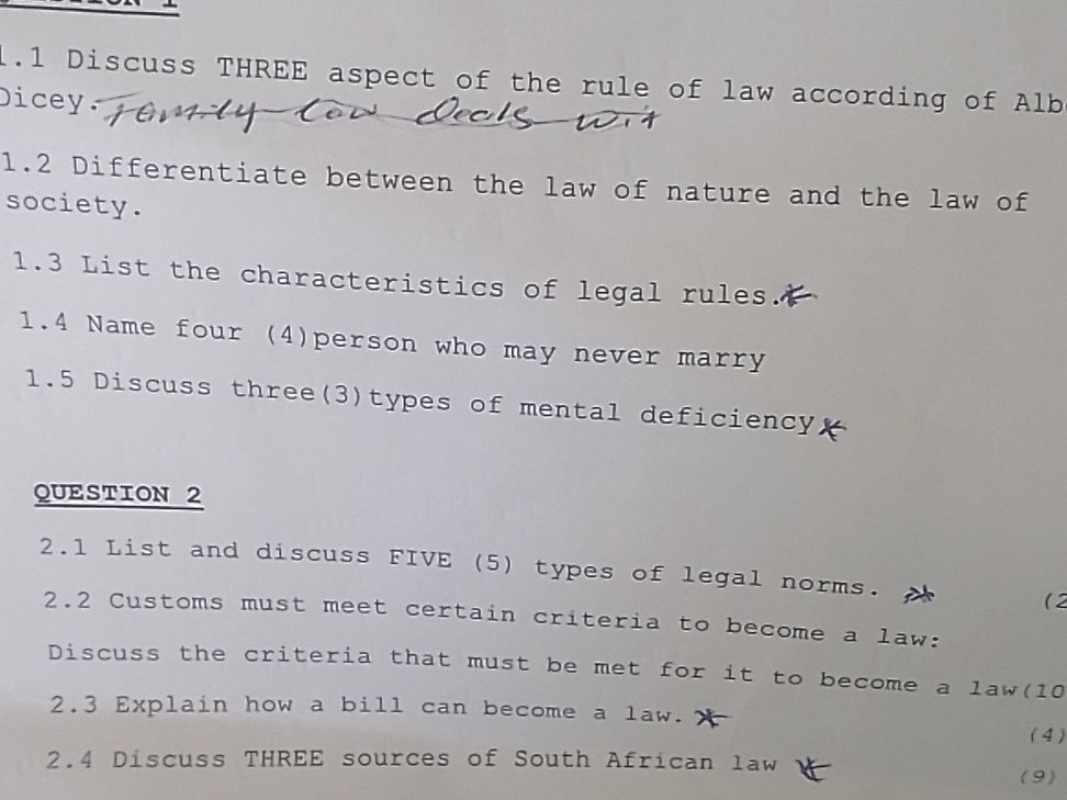 1.1 Discuss THREE aspect of the rule of law | StudyX