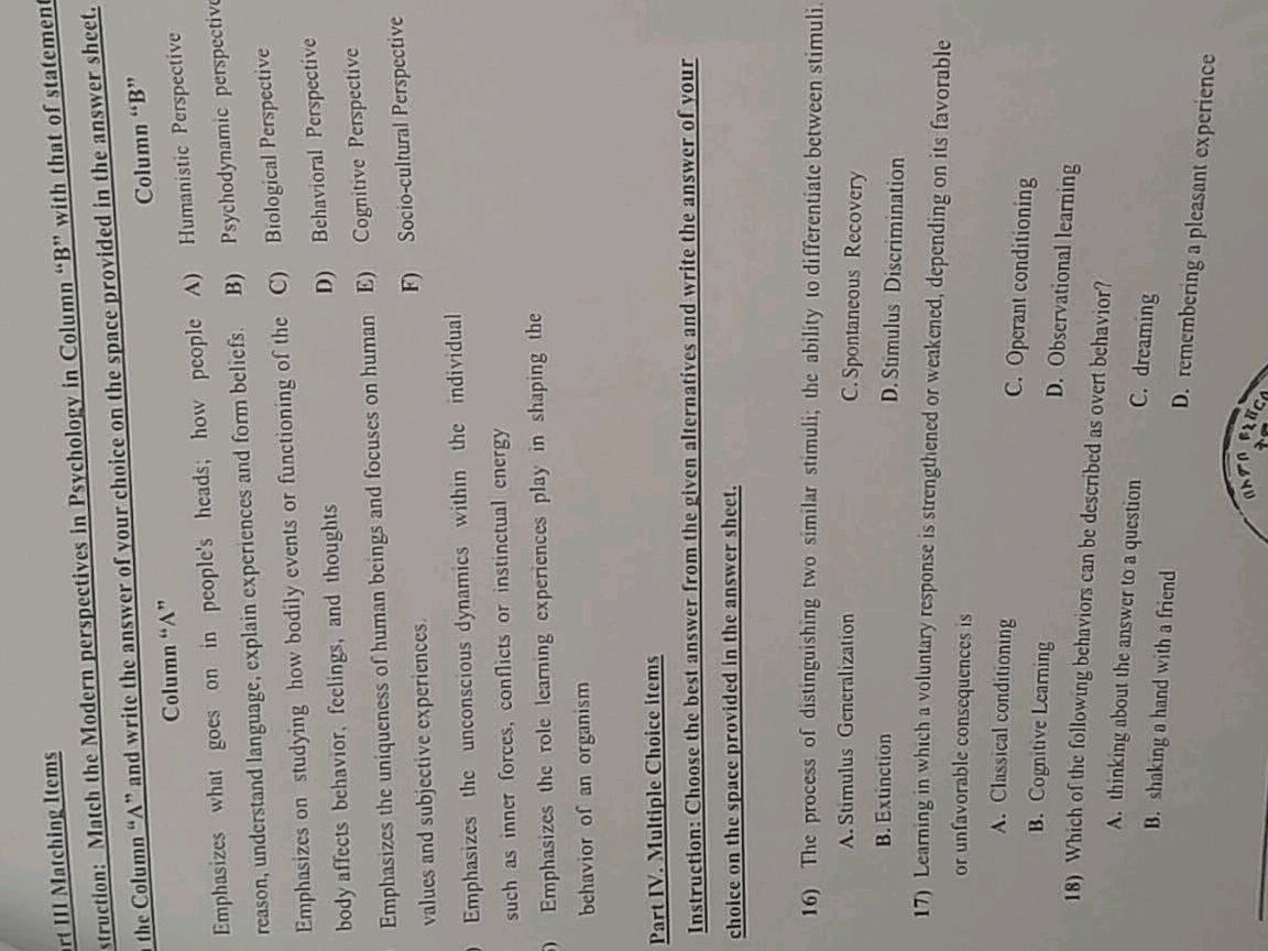 Part III Matching Items Instruction: Match | StudyX