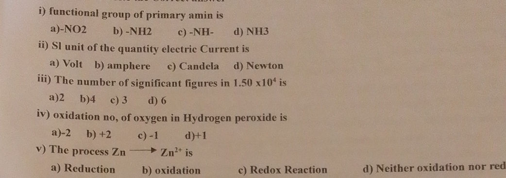 i) functional group of primary amin is | StudyX