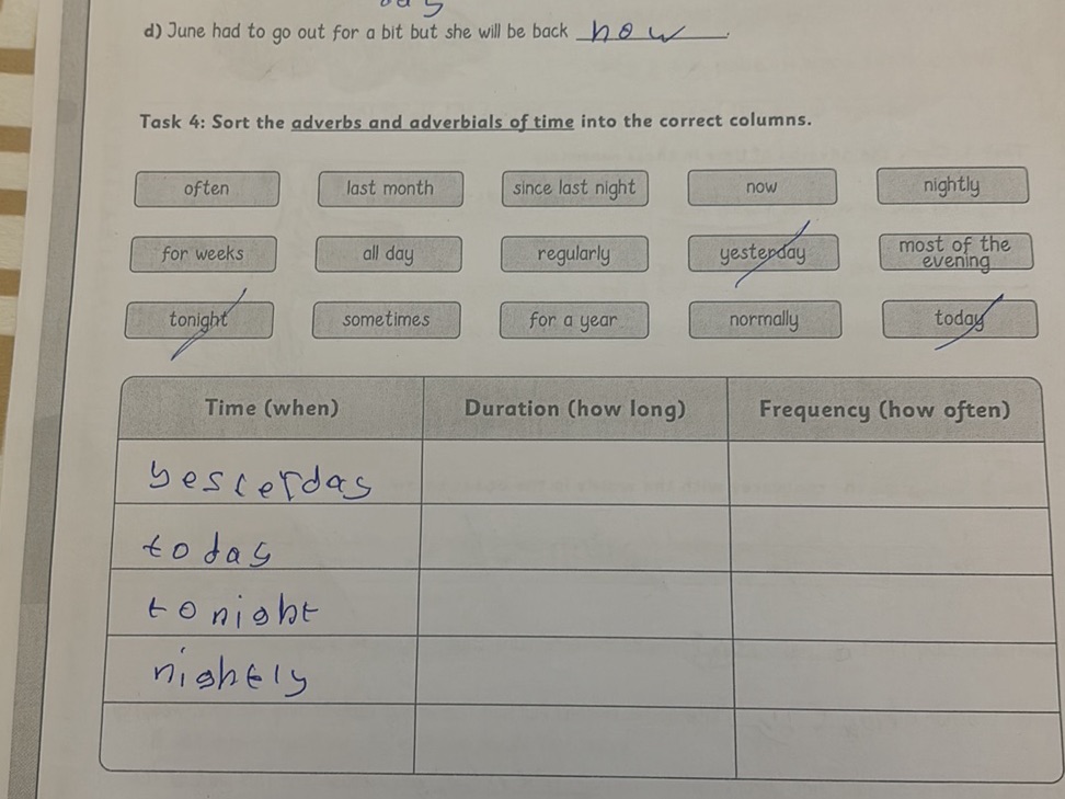 Task 4: Sort the adverbs and adverbials of | StudyX