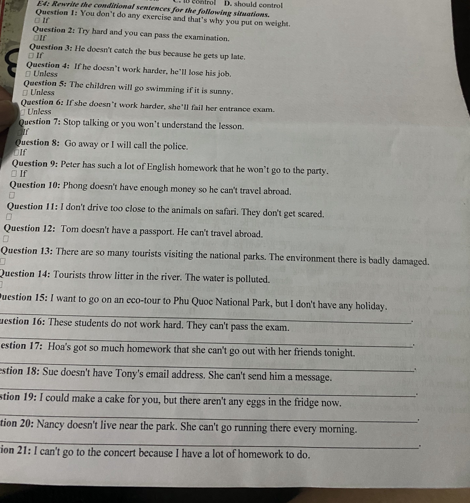 E4: Rewrite the conditional sentences for | StudyX