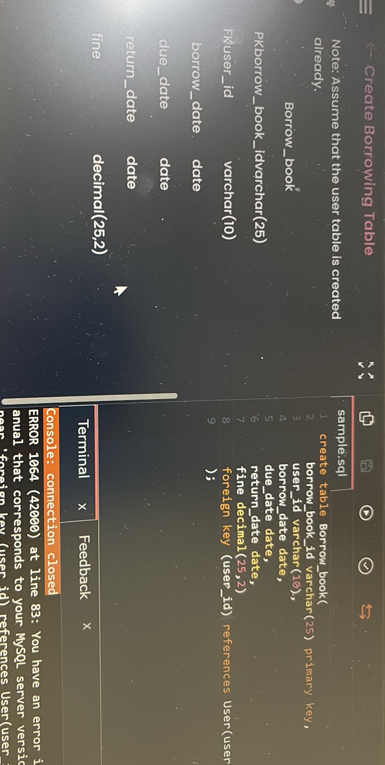 ```sql create table Borrow_book( | StudyX