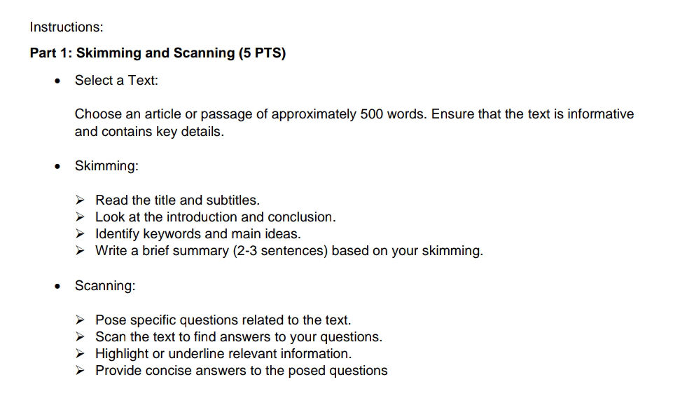 Instructions: Part 1: Skimming and Scanning | StudyX