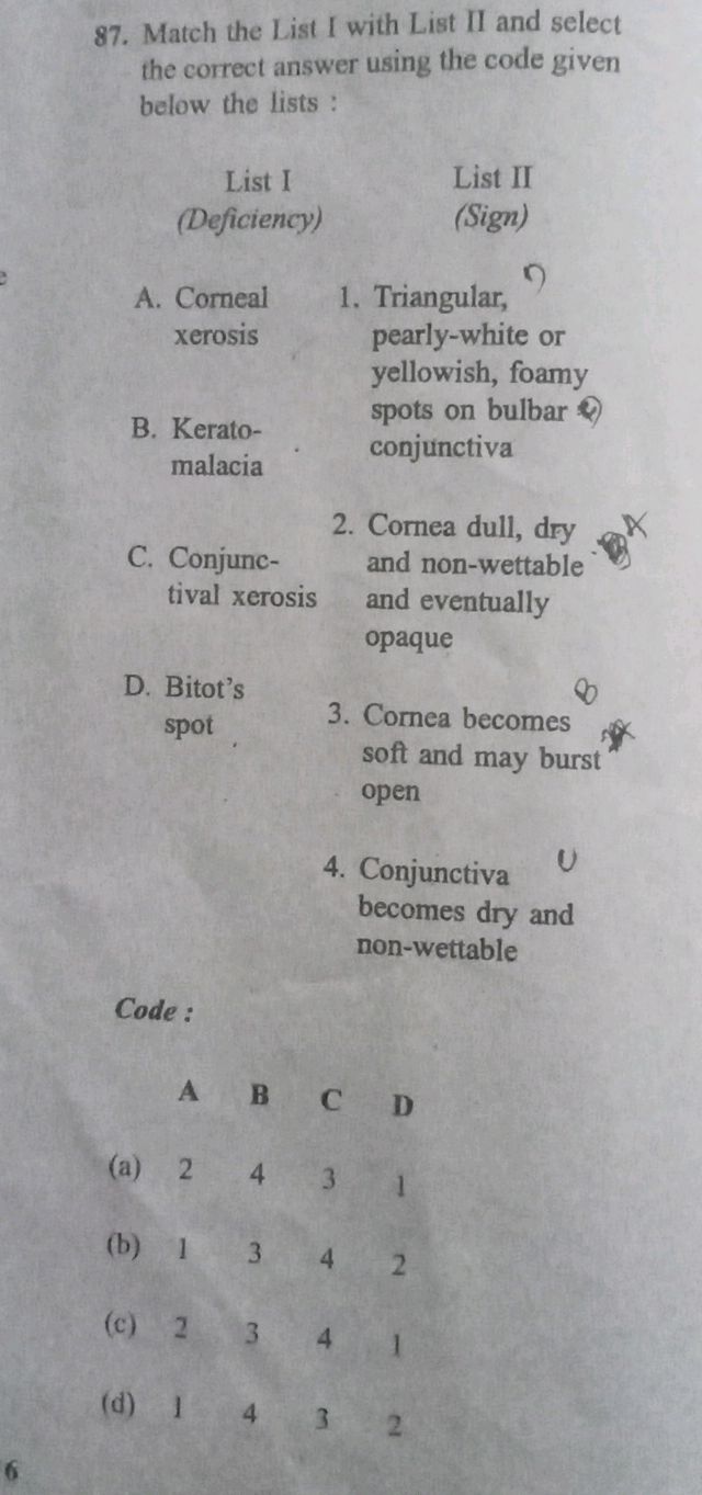 87. Match the List I with List II and select | StudyX