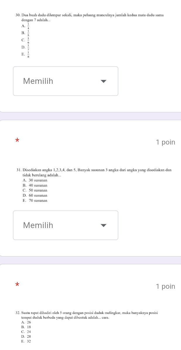 30. Dua buah dadu dilempar sekali, maka | StudyX