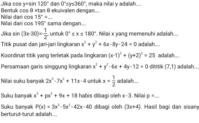 Jika cos y = sin 120° dan $0° y 360°$, | StudyX