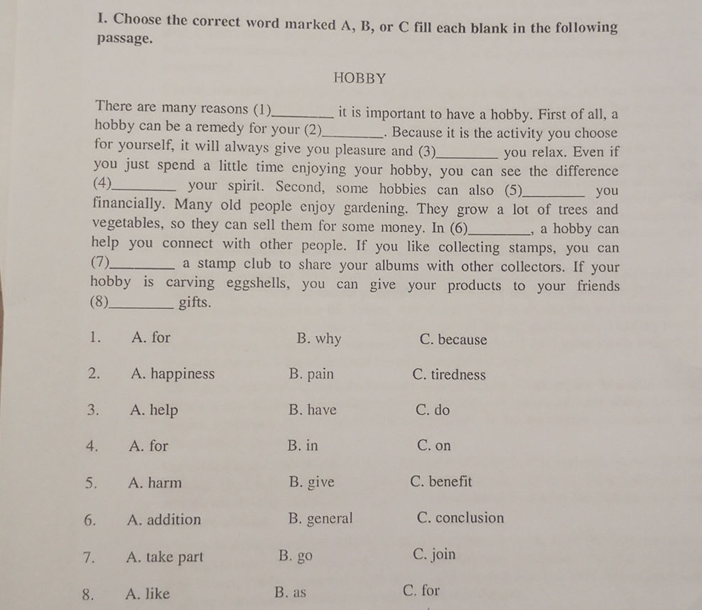 I. Choose the correct word marked A, B, or C | StudyX