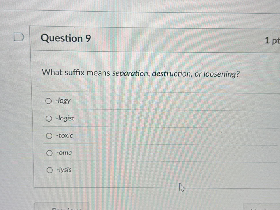 What suffix means separation, destruction, | StudyX