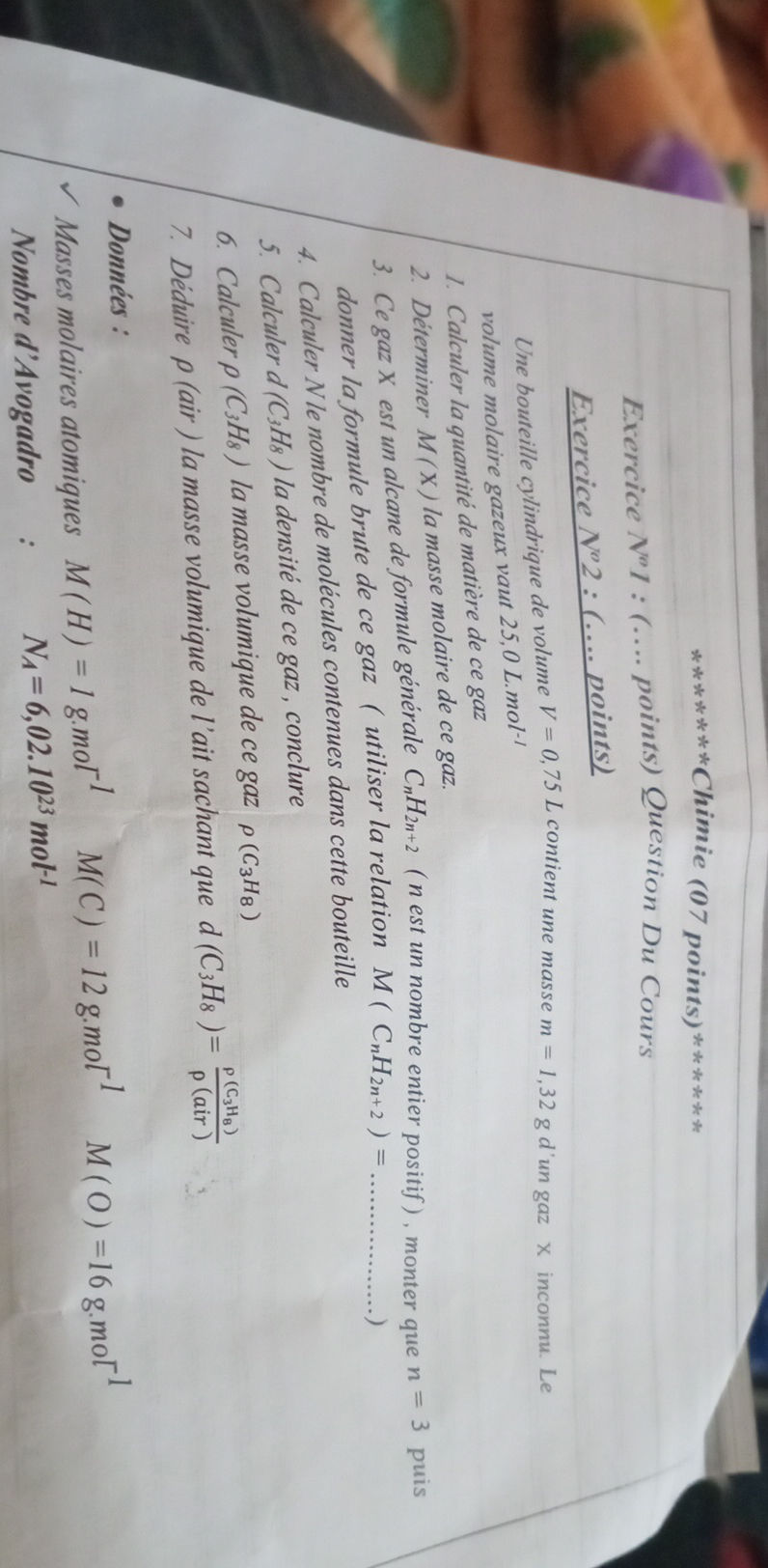 Exercice Nº1 : (.... points) Question Du | StudyX