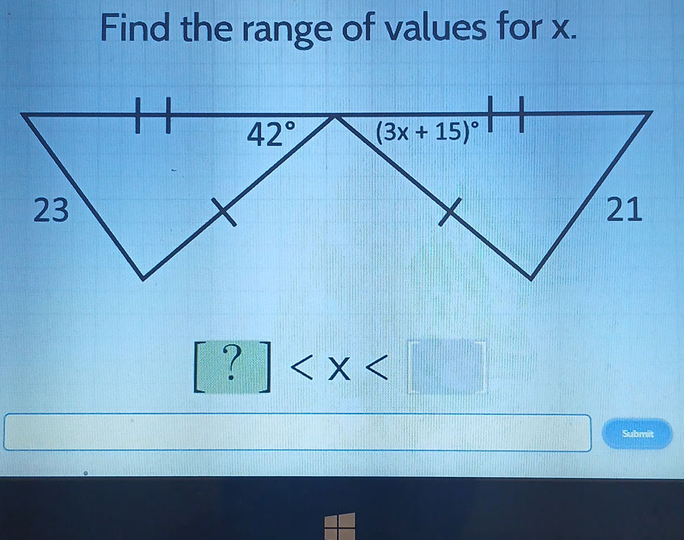 Find the range of values for x. 23 42° (3x | StudyX