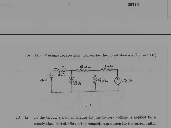 (b) Find 'v' using superposition theorem for | StudyX