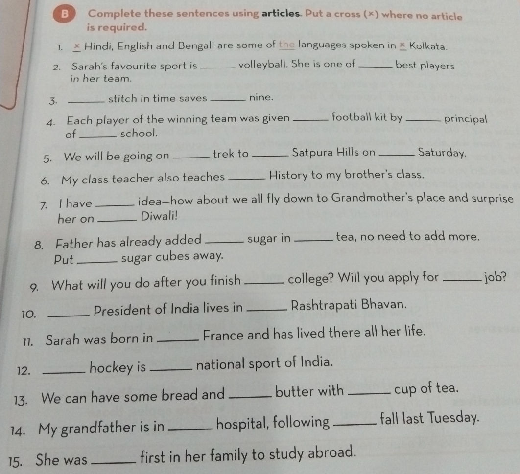 Complete these sentences using articles. Put | StudyX