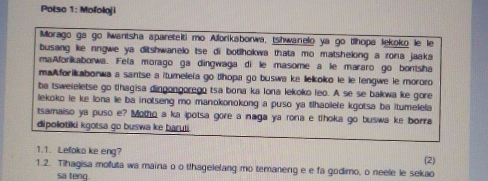 1.1. Lefoko ke eng? 1.2. Tihagisa mofuta wa | StudyX