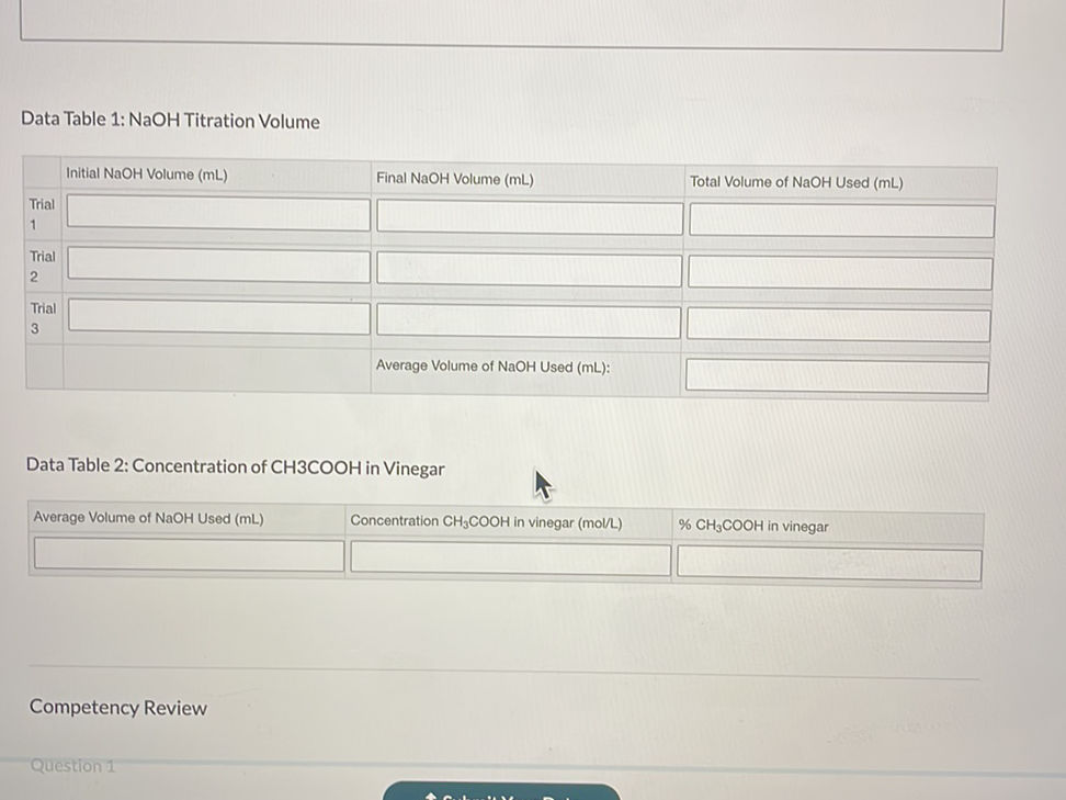 Data Table 1: NaOH Titration Volume | Trial | StudyX