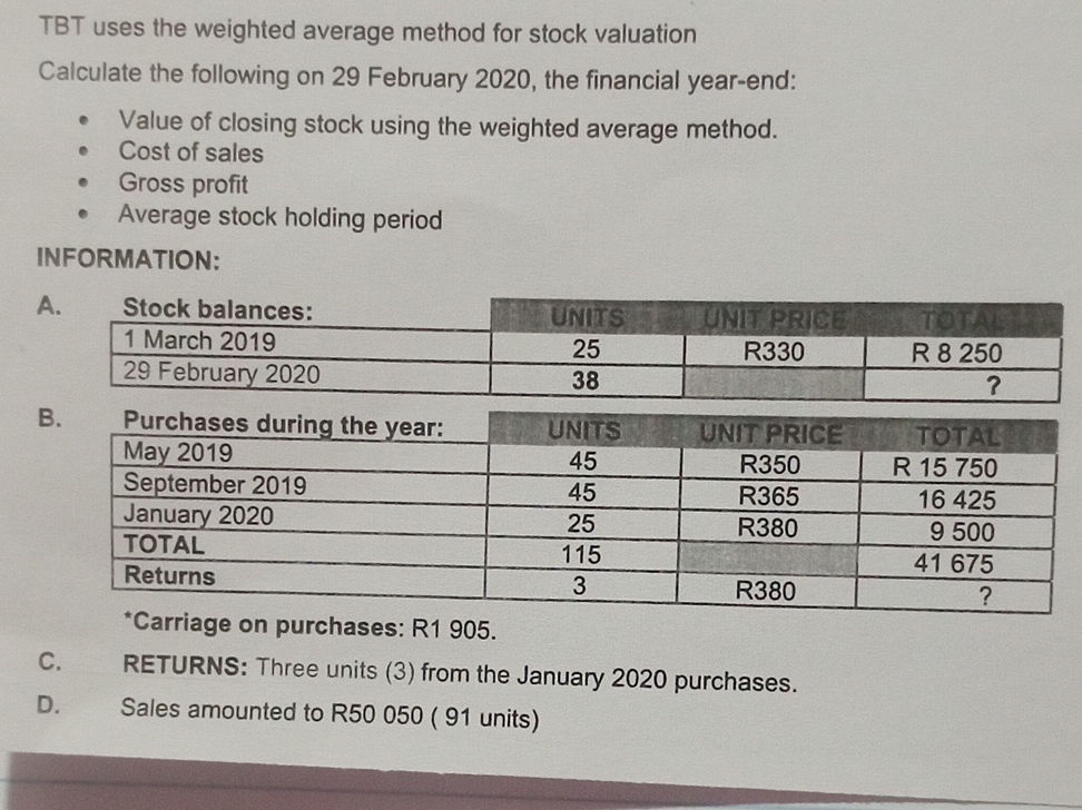 TBT uses the weighted average method for | StudyX