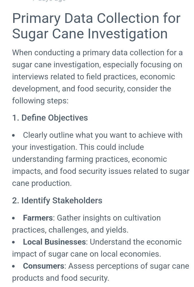 Primary Data Collection for Sugar Cane | StudyX