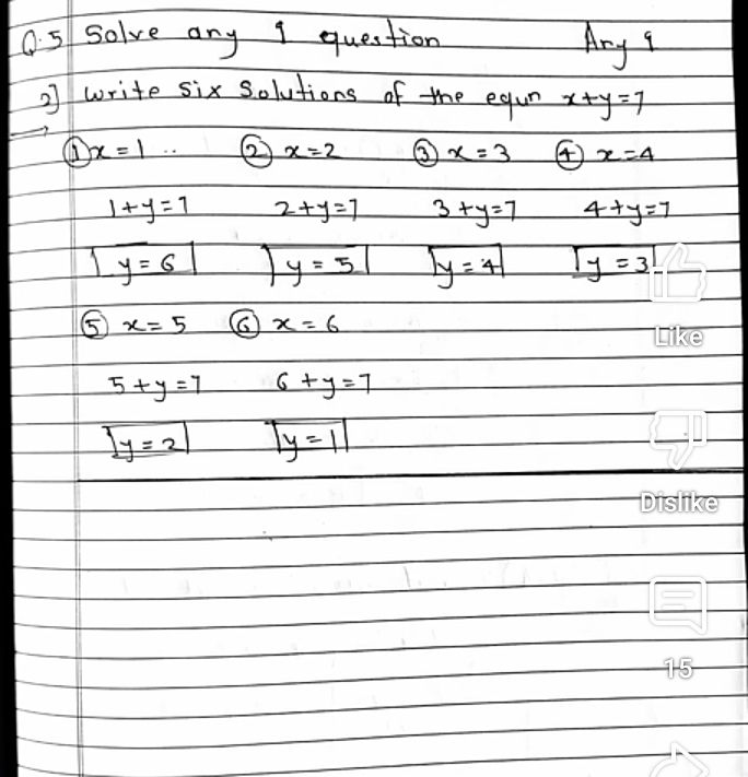 2) write six Solutions of the equn x+y=7 ① x